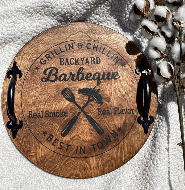 14" Backyard Barbeque Handmade Wood Circular Tray - Whisperingtree.net